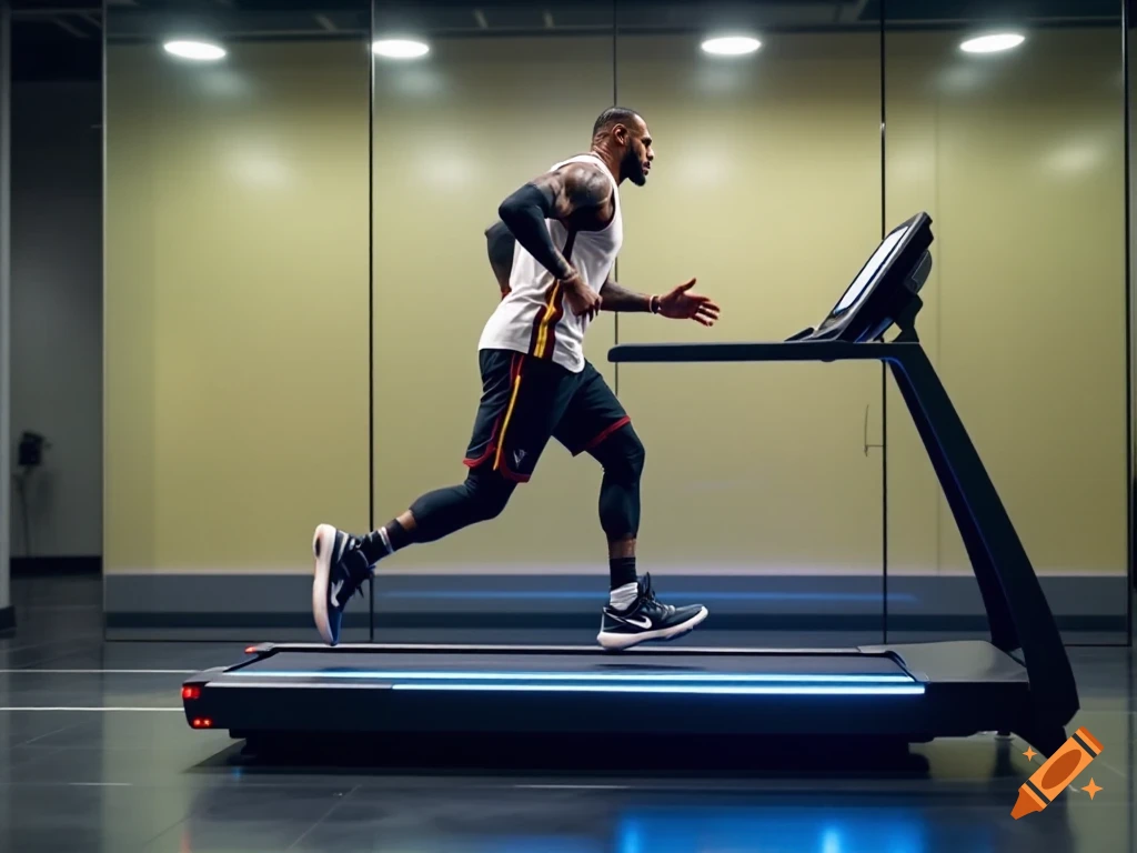 LeBron James runs on a glowing treadmill in a modern gym. on Craiyon