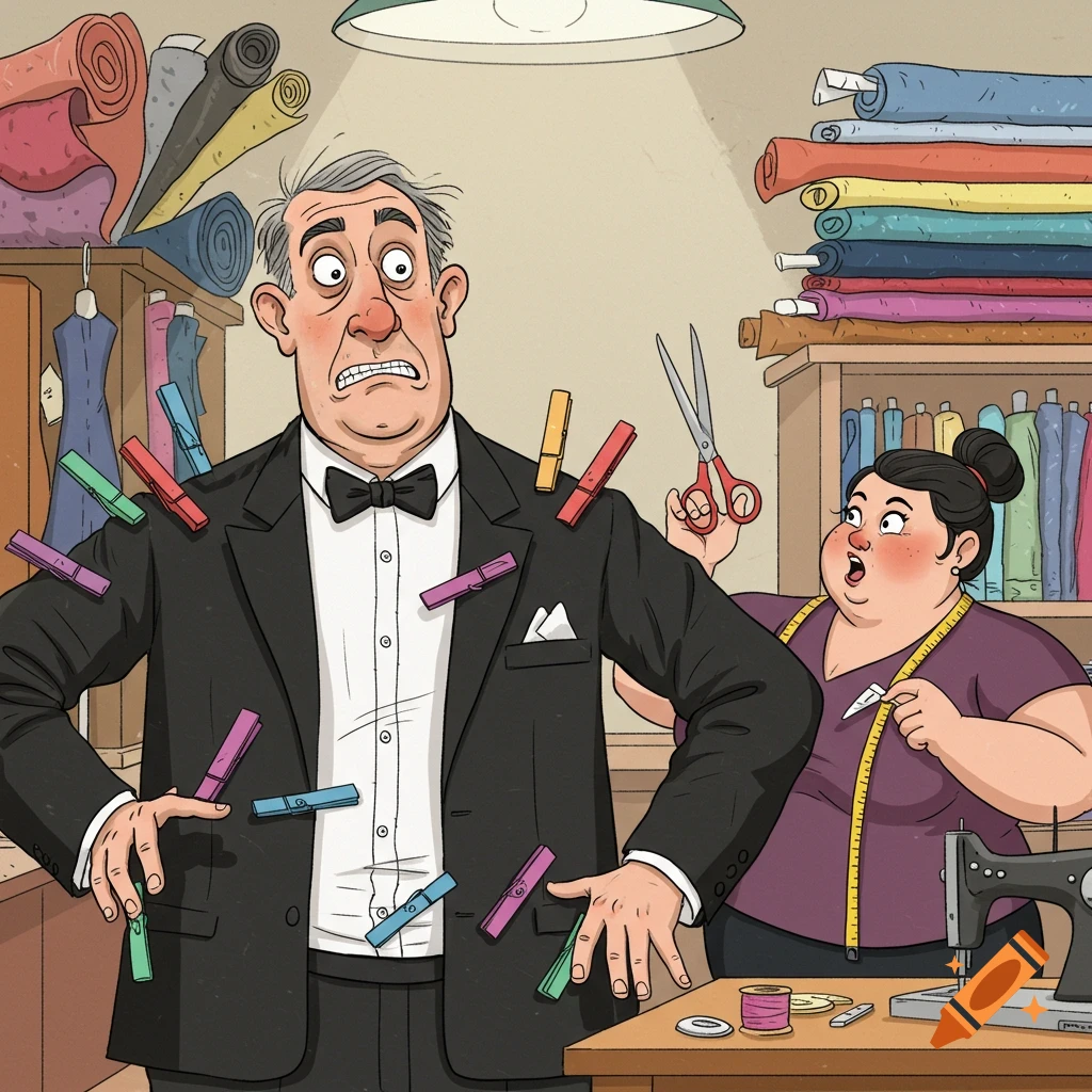 Cartoon illustration of a man being fitted for a tuxedo using ...