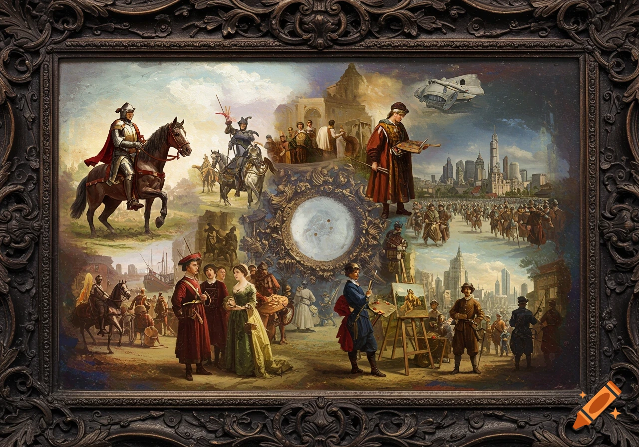 A detailed painting within an ornate frame depicts historical figures ...