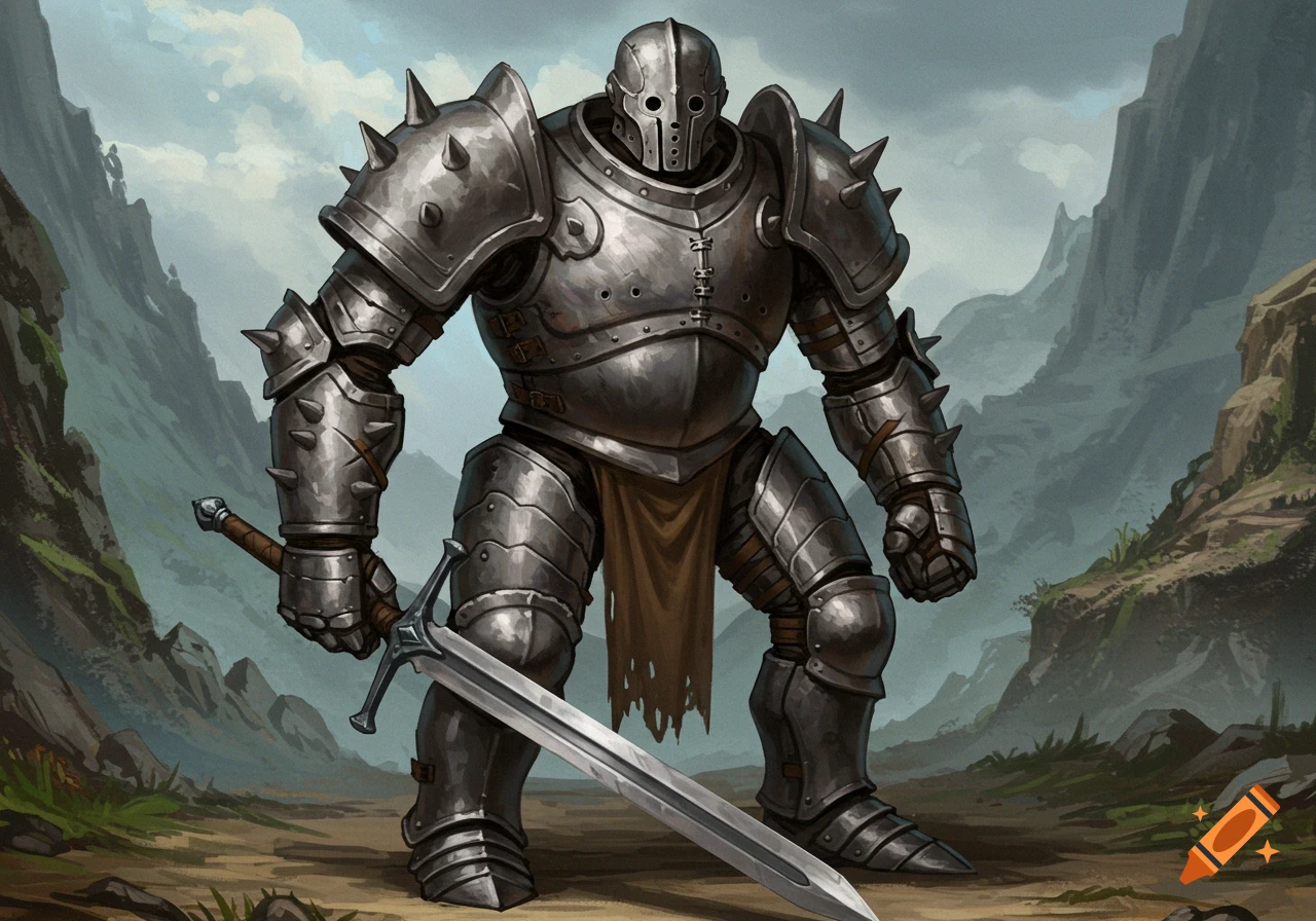 Large armored golem stands in a rocky valley, holding a sword. on Craiyon