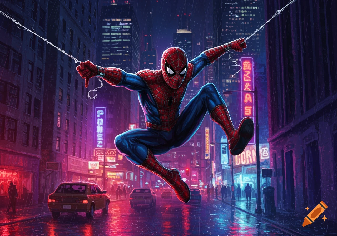 Spider-Man swings through a rainy, neon-lit city street at night. on ...