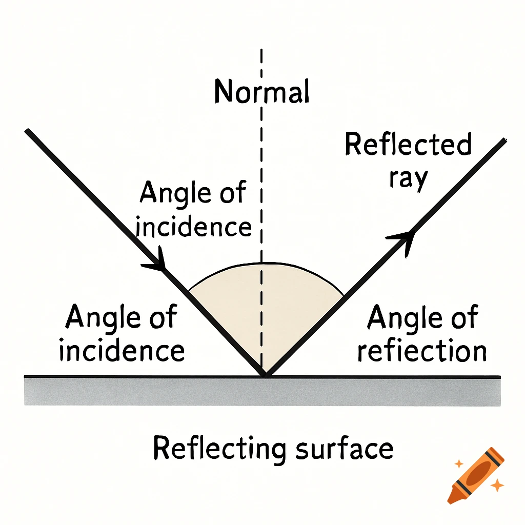 Diagram illustrating the law of light reflection with labelled rays ...