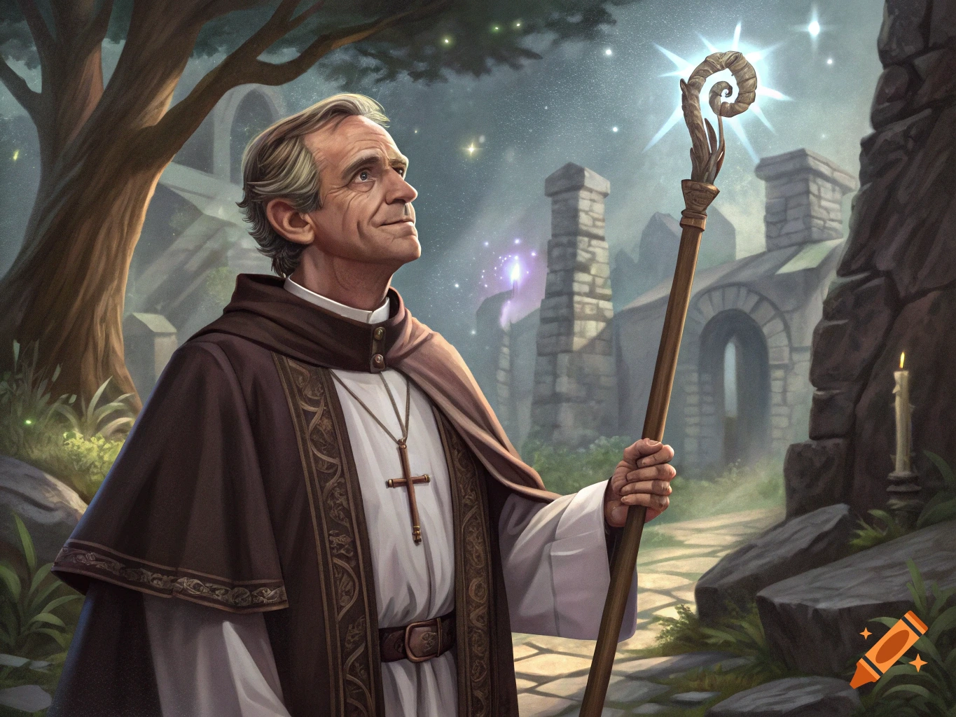 An older cleric holding a staff looks up at a starry sky near ruins. on ...