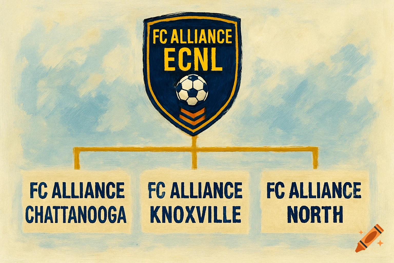 A painted hierarchy diagram with a soccer club logo at the top and ...