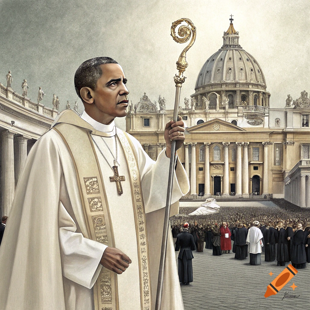 Barack Obama dressed as the Pope holding a staff in St. Peter's Square ...