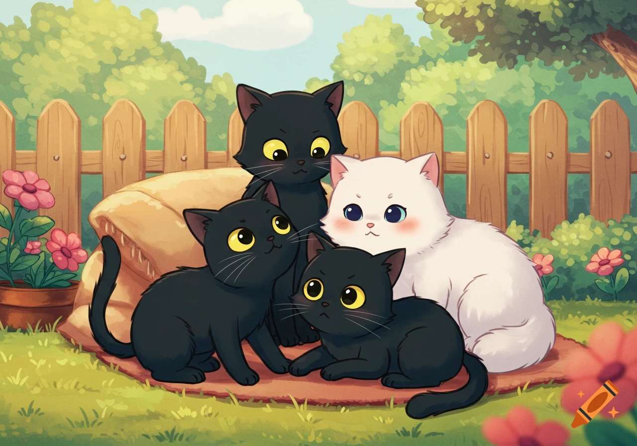 Four animated cats sitting together in a garden, three black and one ...