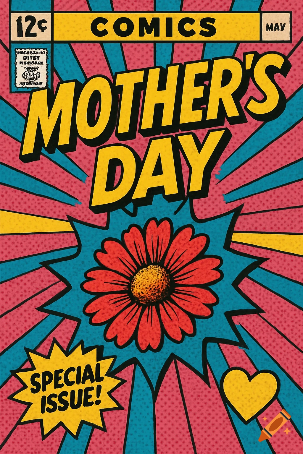 A retro comic book cover for Mother's Day with a large flower and text ...