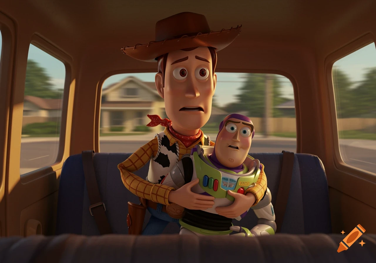 Woody and Buzz Lightyear riding in the back of a car. on Craiyon