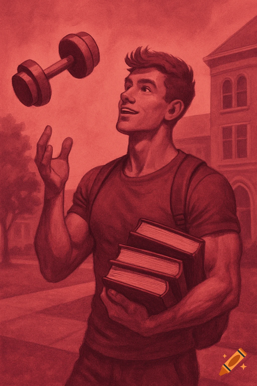 An illustration of a fit student juggling a dumbbell and holding ...