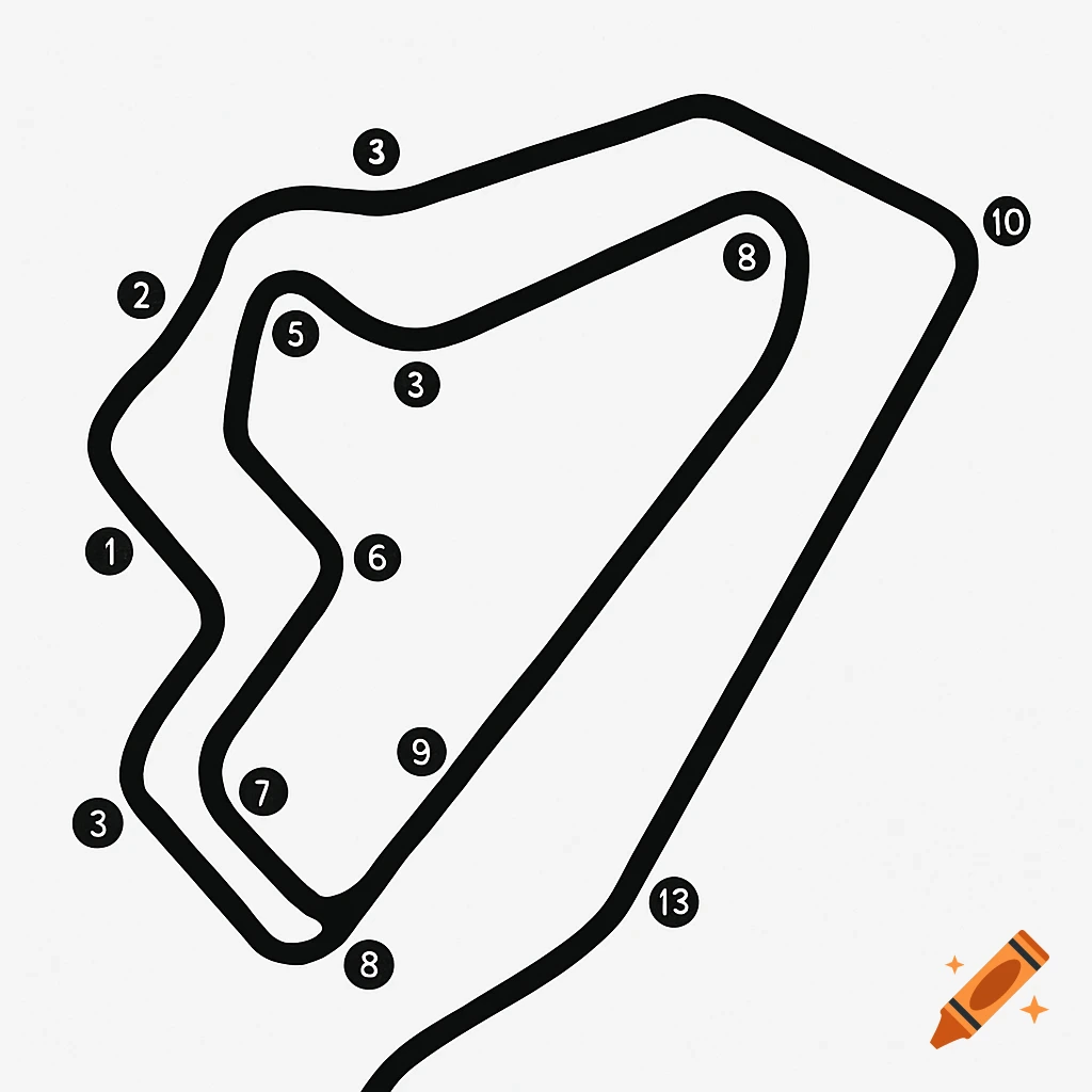 A black line drawing of a race track map on a white background, with ...