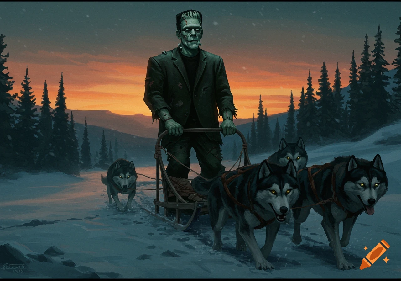 Frankenstein's monster drives a dog sled pulled by huskies through a ...