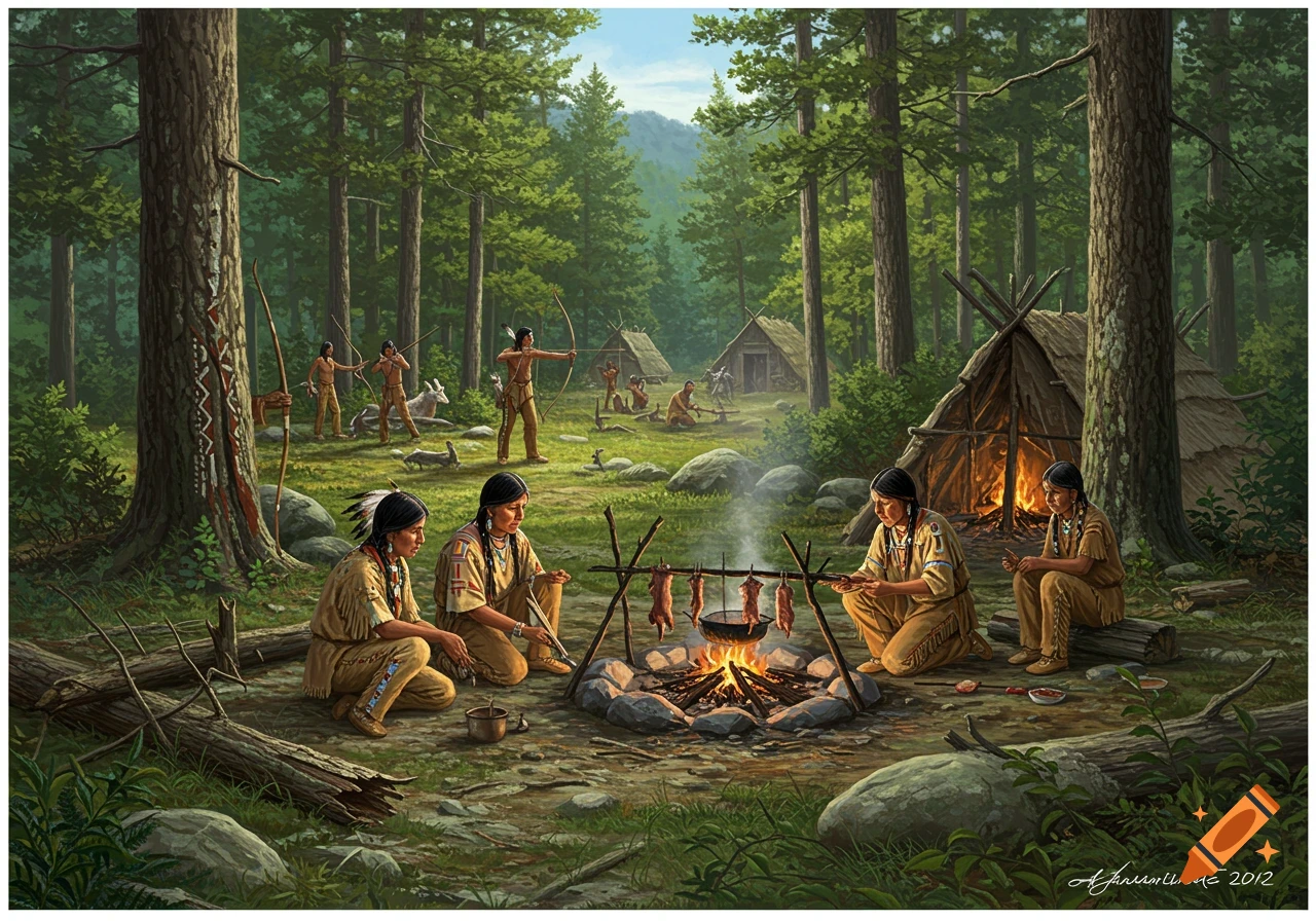 Illustration of Native Americans cooking over a fire and hunting in a ...