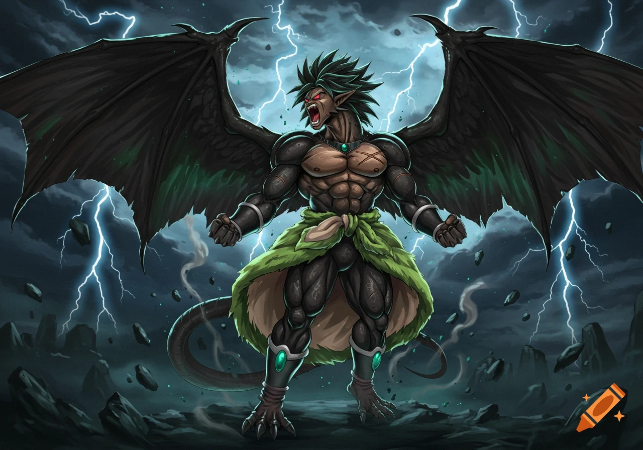 Muscular dragon creature with large wings and horns roaring in a stormy landscape with lightning ...