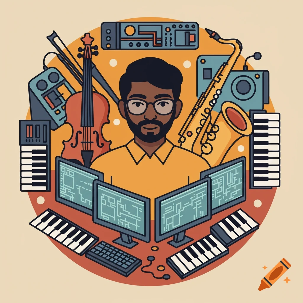 Icon art of a person surrounded by musical instruments and computers ...