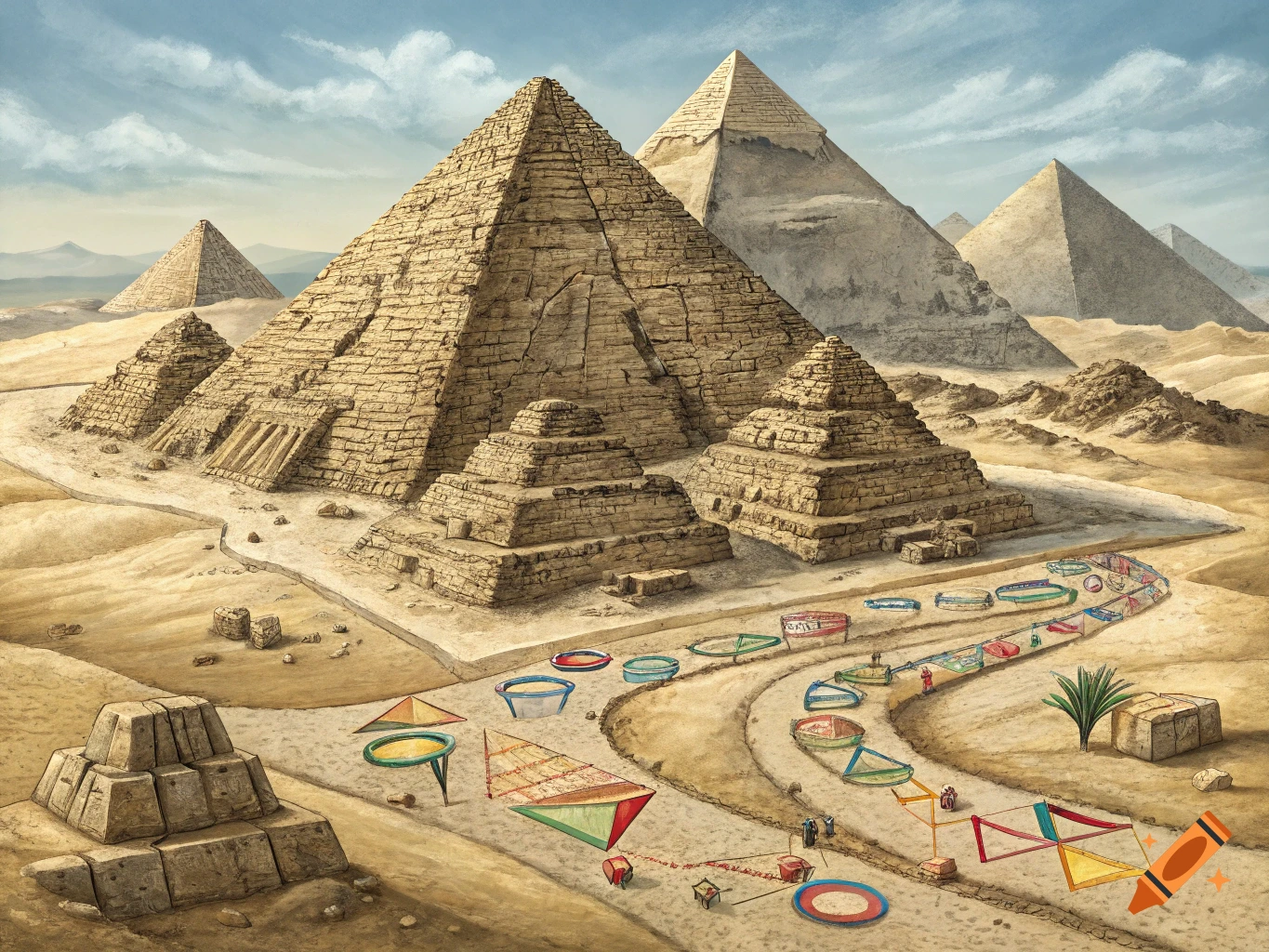 An illustration of the Giza pyramids with a giant board game path ...