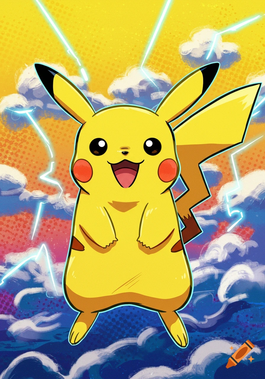 Pikachu smiles among lightning and clouds against a colorful cartoon sky. on Craiyon