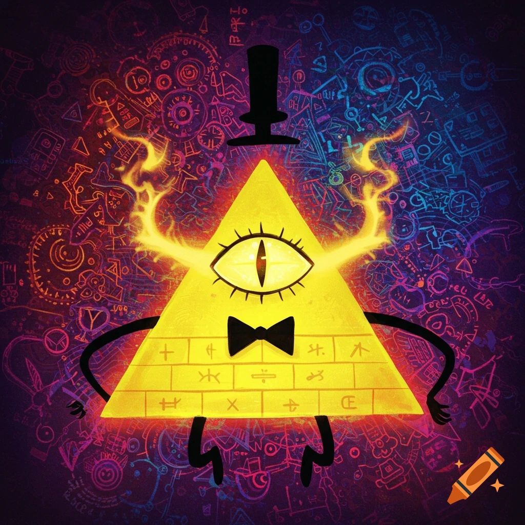 An illustration of Bill Cipher, a yellow triangle with an eye, top hat ...