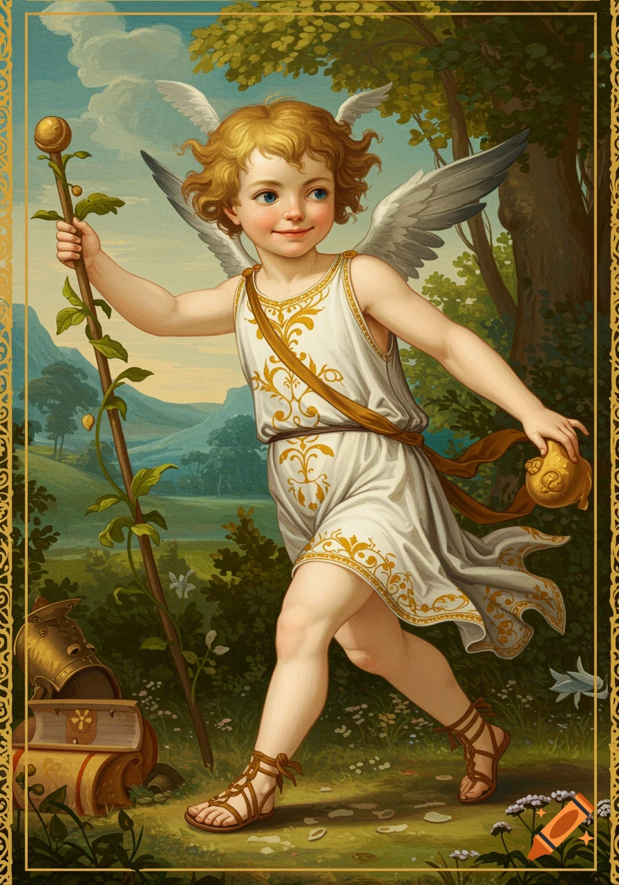 Classical painting of a winged child in a tunic walking through a ...