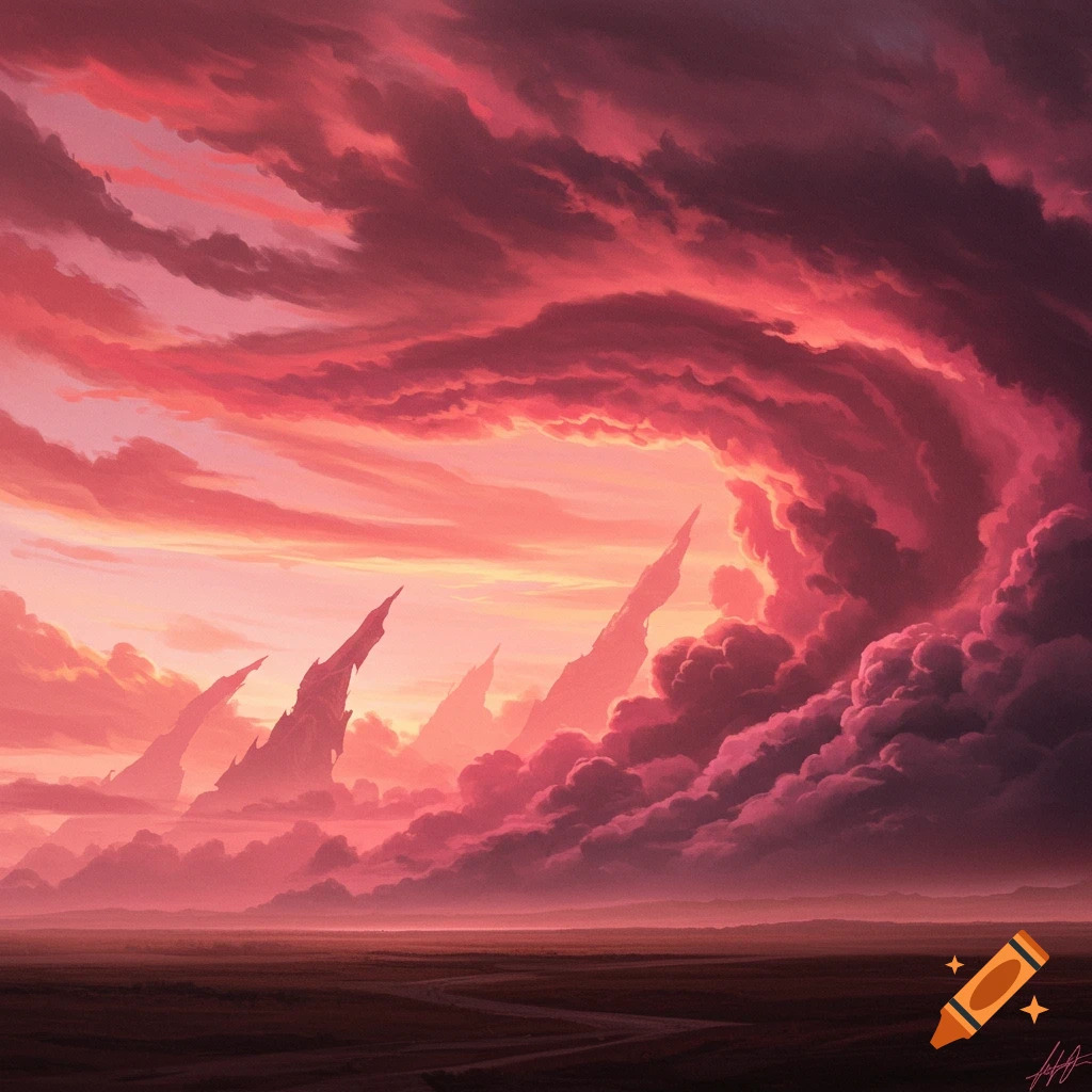 Dramatic salmon pink storm clouds swirl over pointy rock formations in ...