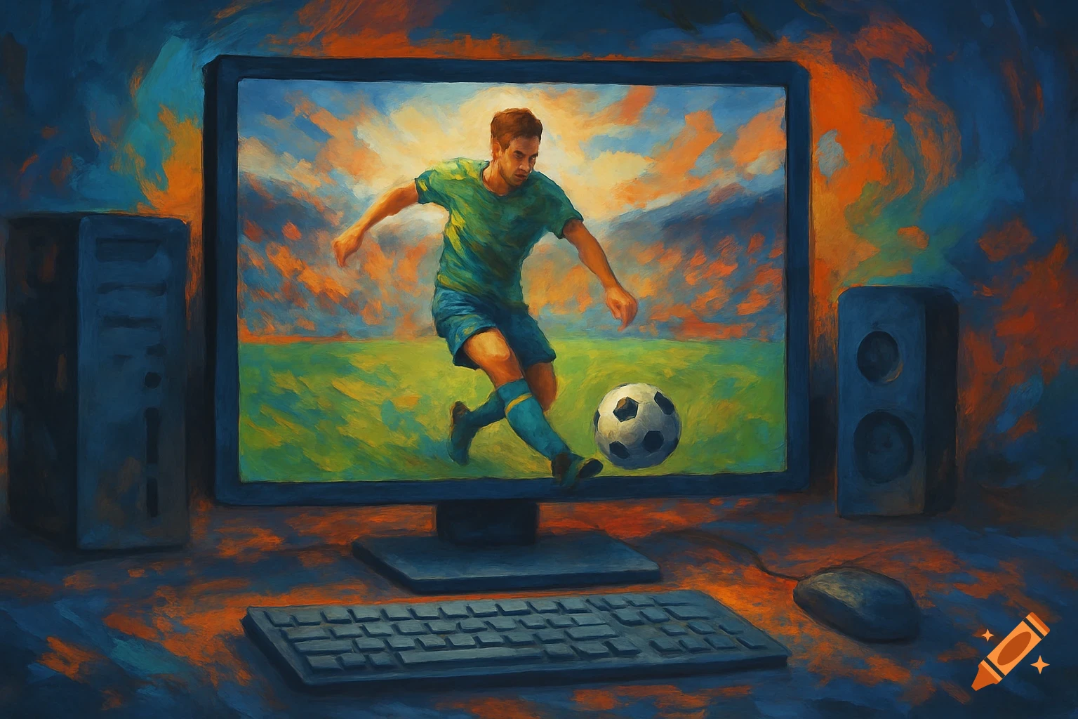 Painterly image of a soccer player on a computer screen with a computer ...