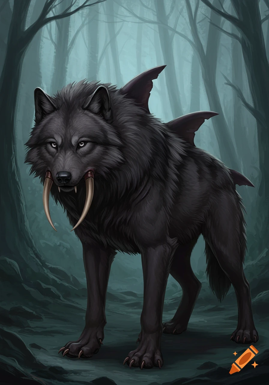 A dark fantasy illustration of a wolf-like creature with shark fins and ...