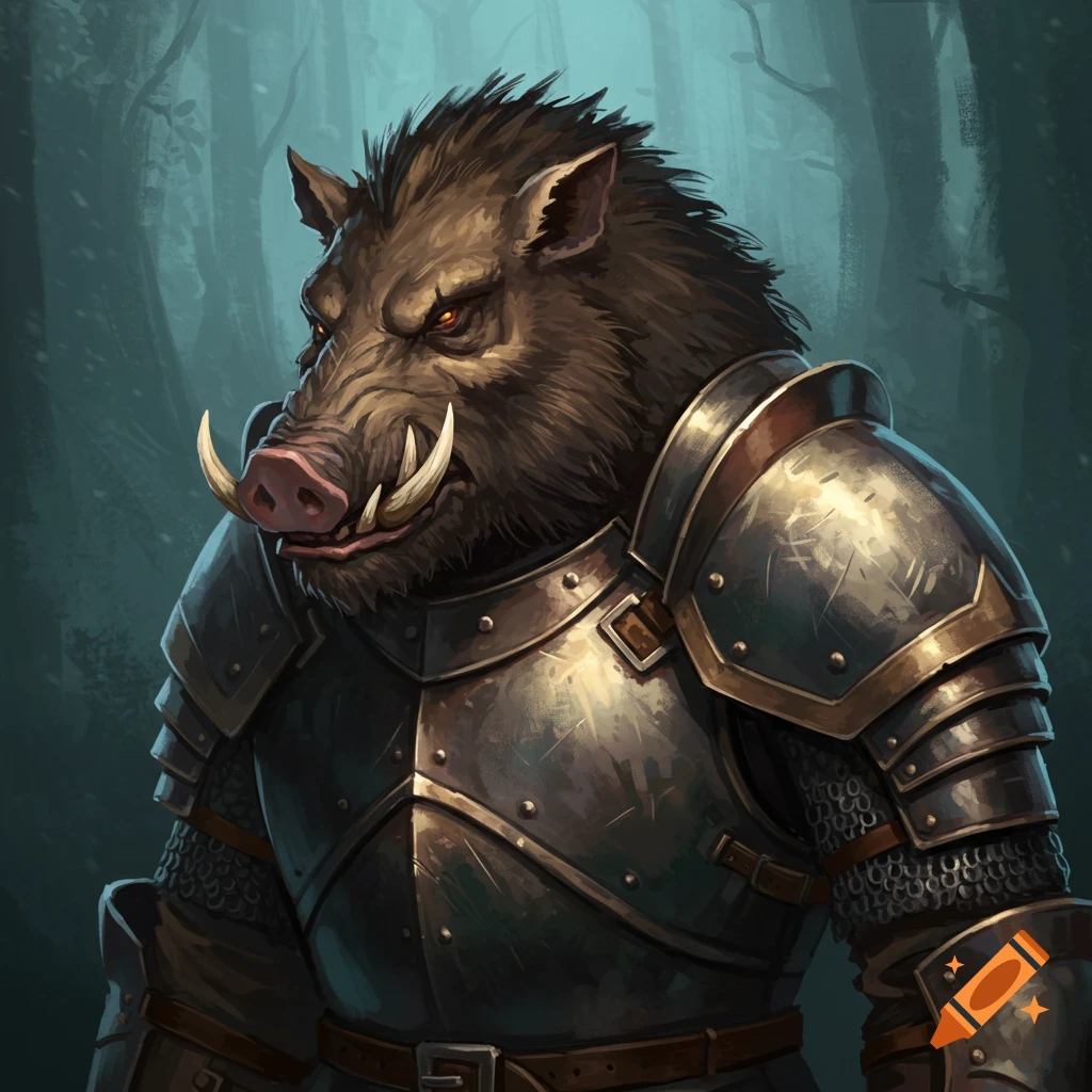 Portrait of a boar-headed fantasy creature wearing medieval plate armor ...