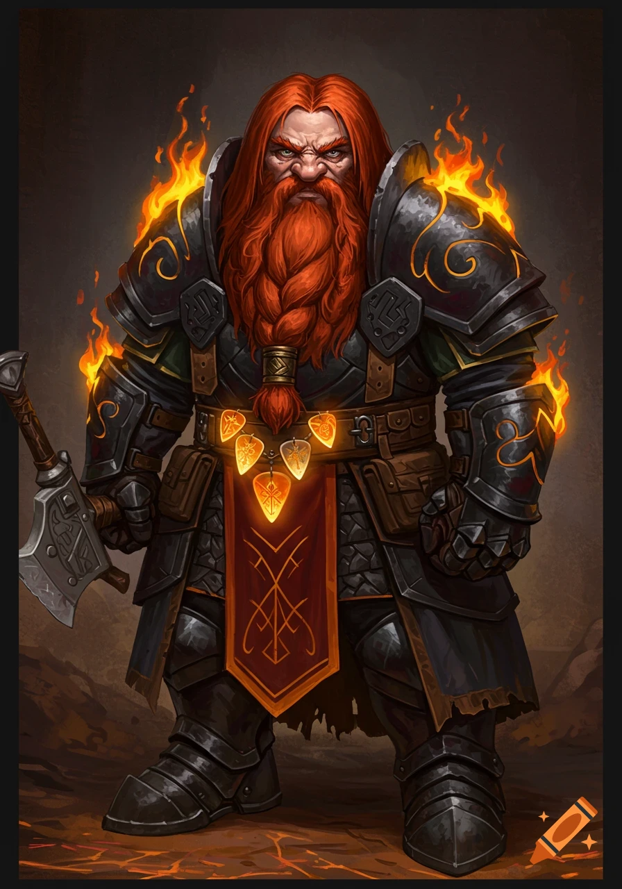 A fantasy dwarf with red hair and black armor stands with an axe ...