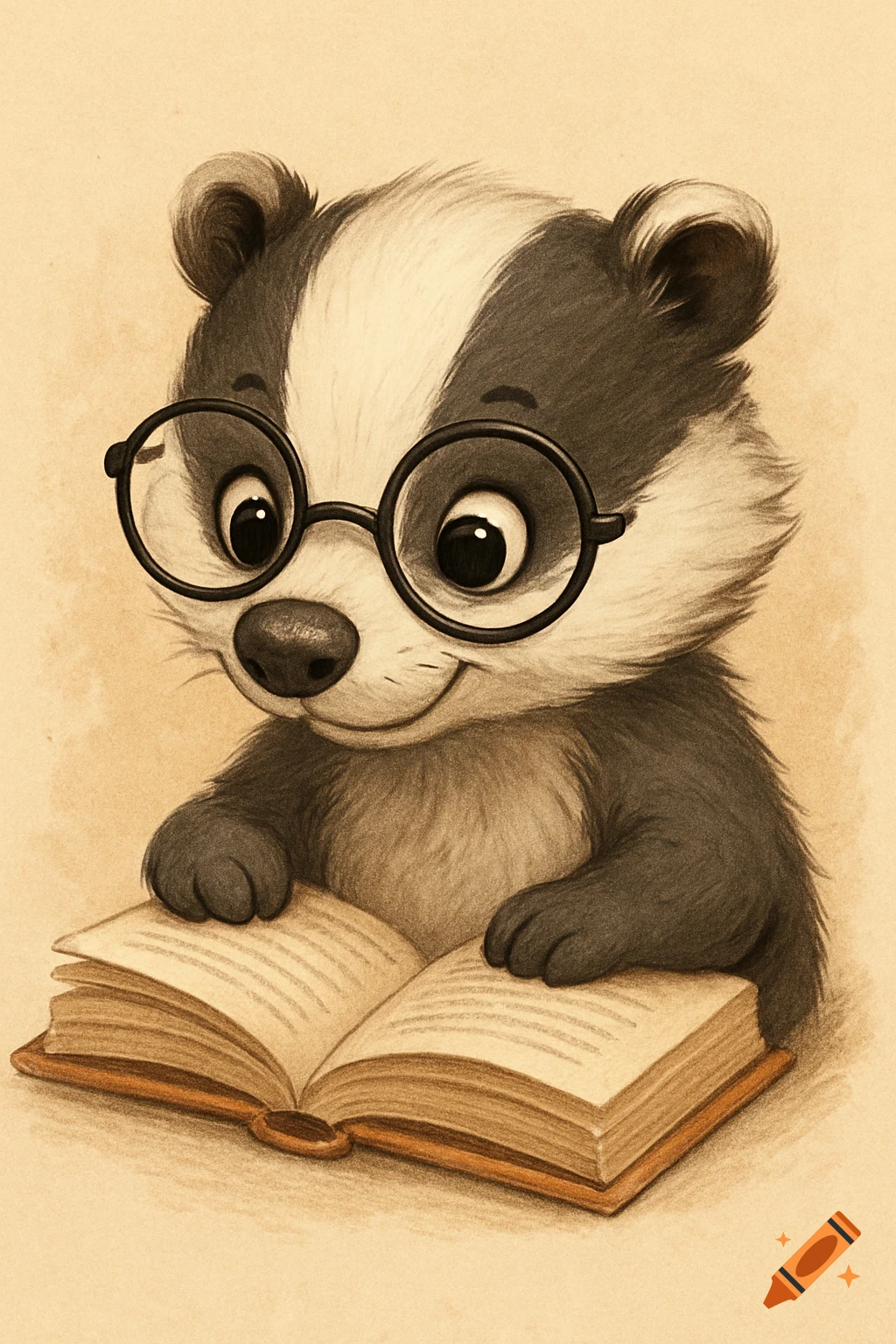 A cute cartoon badger with glasses reading a book. on Craiyon