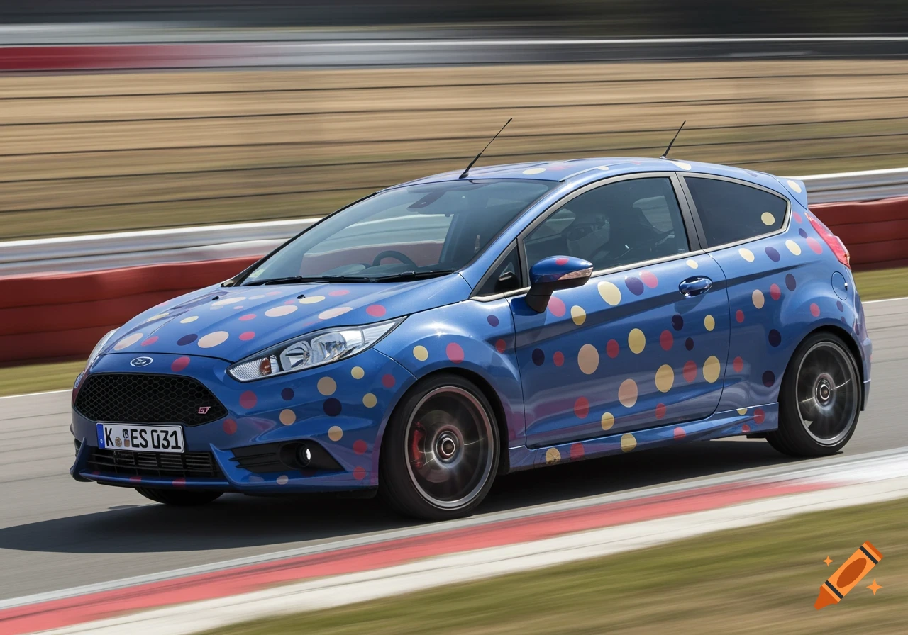 Blue Ford Fiesta ST with polka dots driving on a race track. on Craiyon