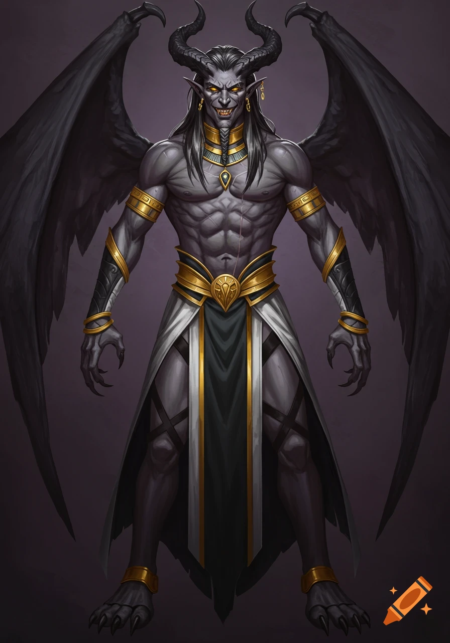 Full body portrait of a winged demon character with horns, grey skin ...