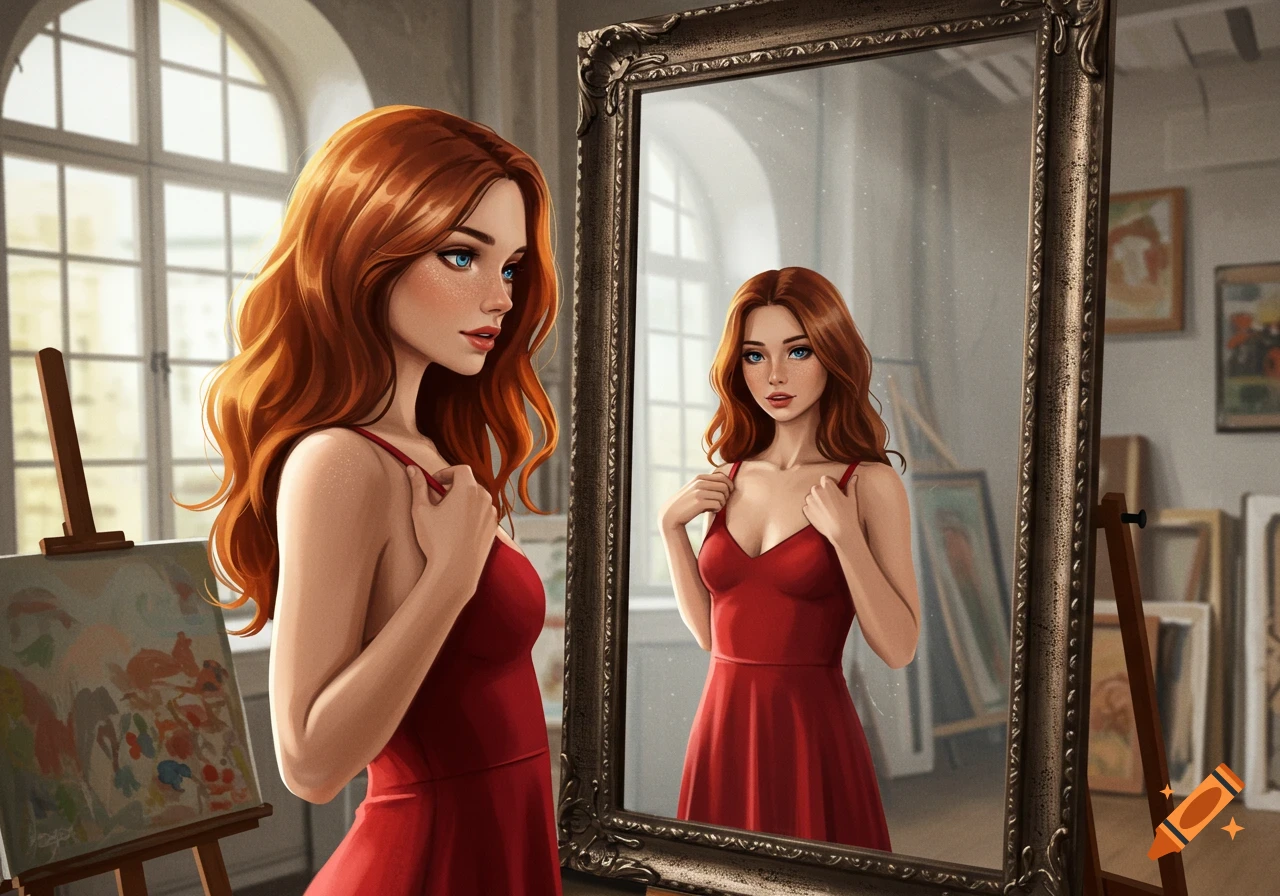 A red-haired woman in a red dress looks at her reflection in a mirror in an art studio. on Craiyon