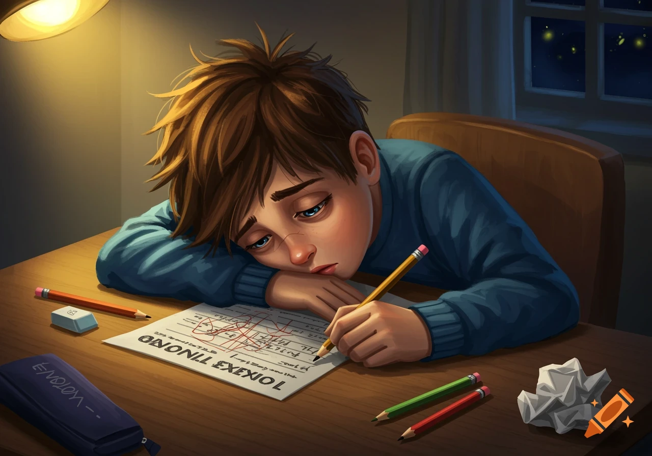 A tired boy slumps over a desk doing homework by lamp light at night ...