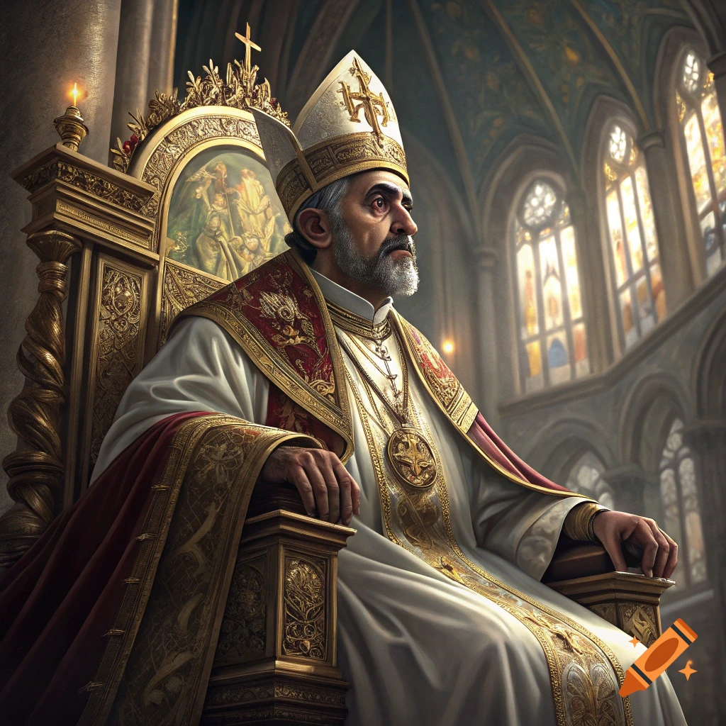 A man in elaborate religious robes and a mitre sits on a golden throne ...