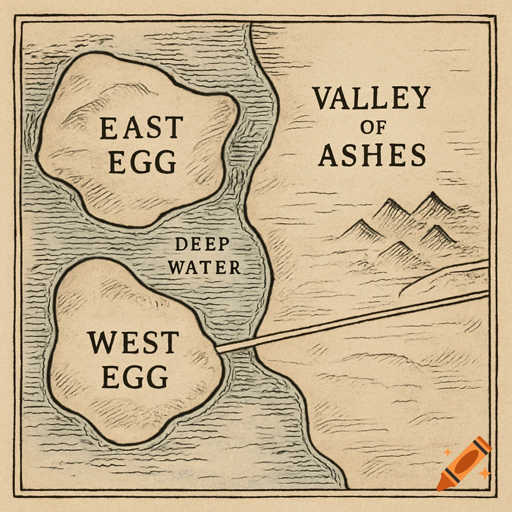 Illustrated map of East Egg, West Egg, Deep Water, and the Valley of ...