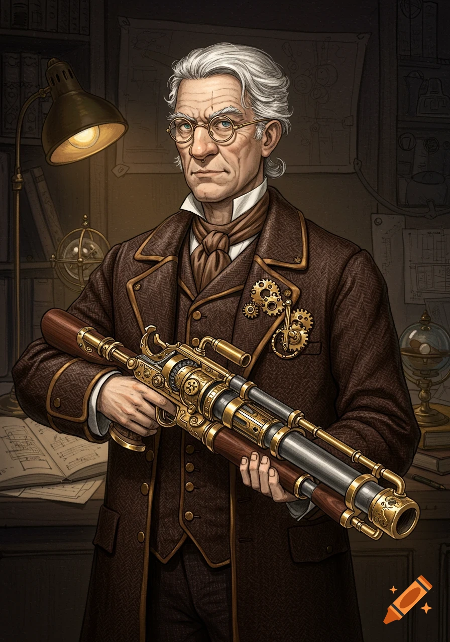 A steampunk Victorian professor holding a large, ornate gun in a study ...