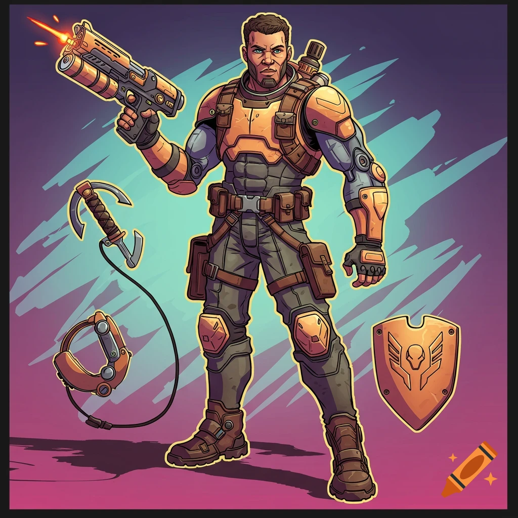 Stylized illustration of a male action figure character holding a ...