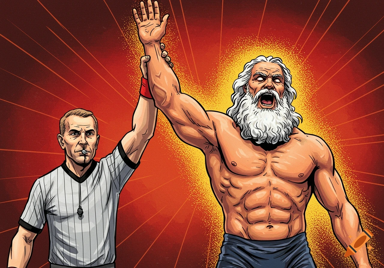 Illustration of a referee raising the hand of a muscular, white-bearded ...