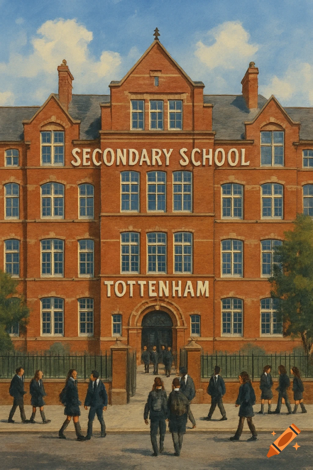A painting of a secondary school building in Tottenham with students ...