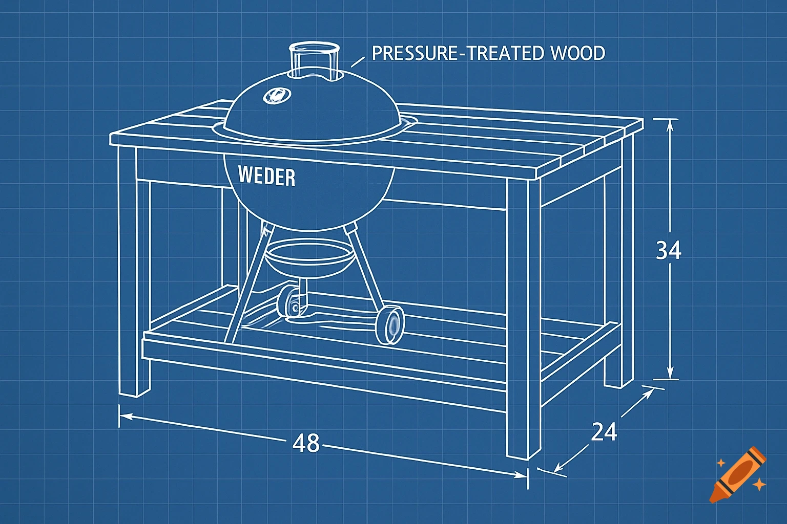 Blueprint drawing of a grill table with a kettle grill and dimensions ...