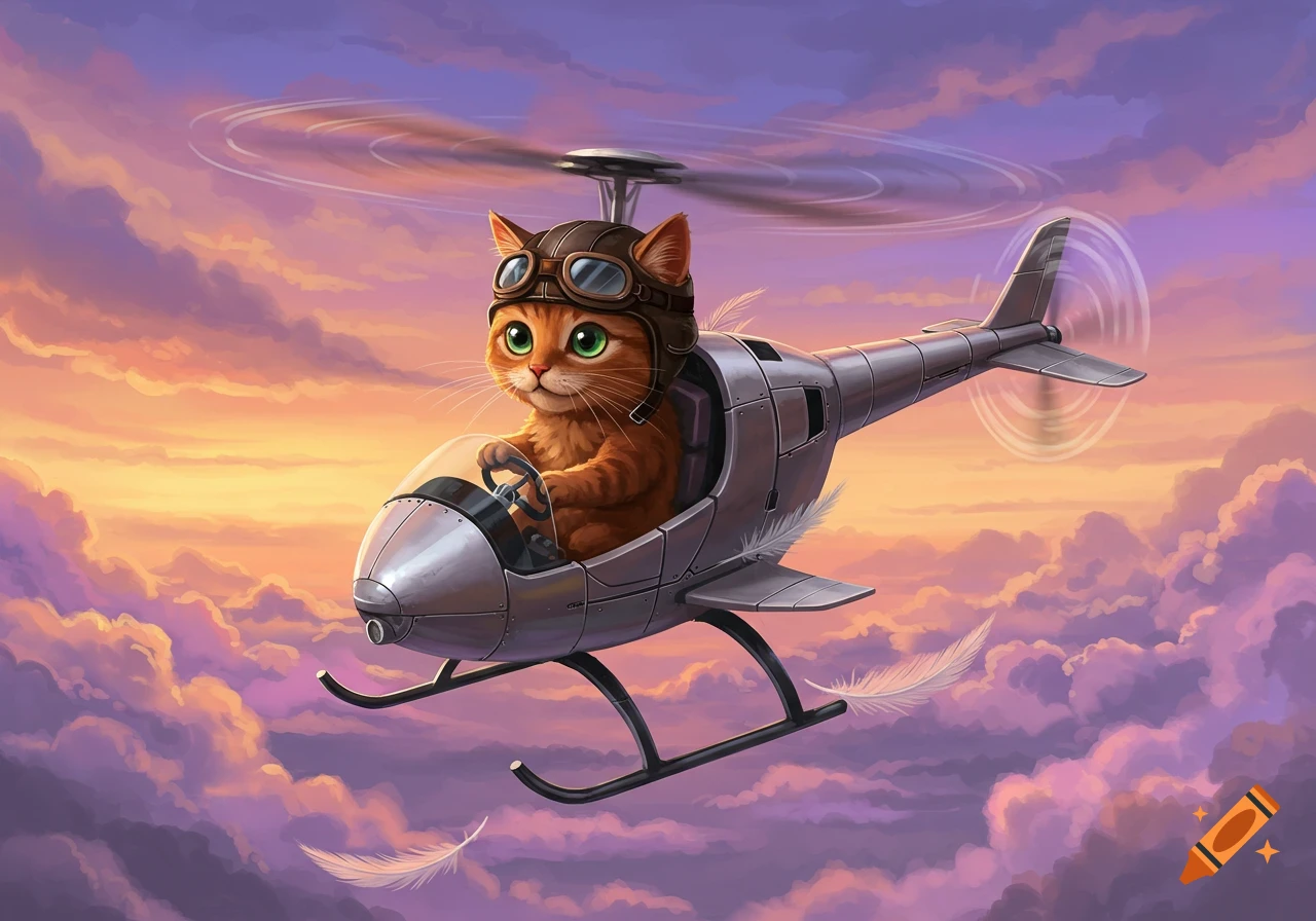 A cute ginger cat wearing goggles pilots a small helicopter through a ...