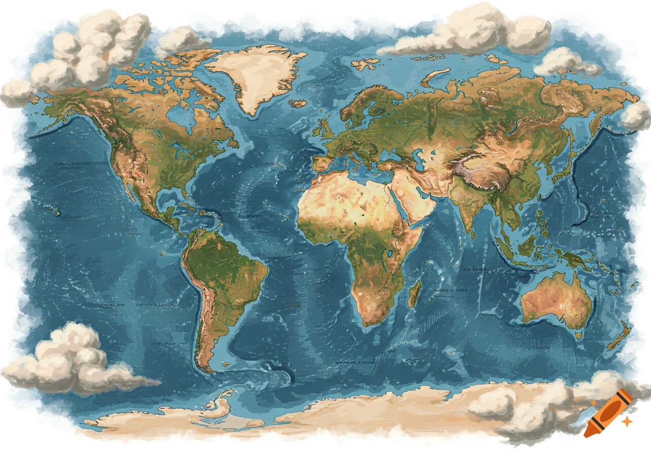 Stylized world map showing continents, oceans, and clouds. on Craiyon