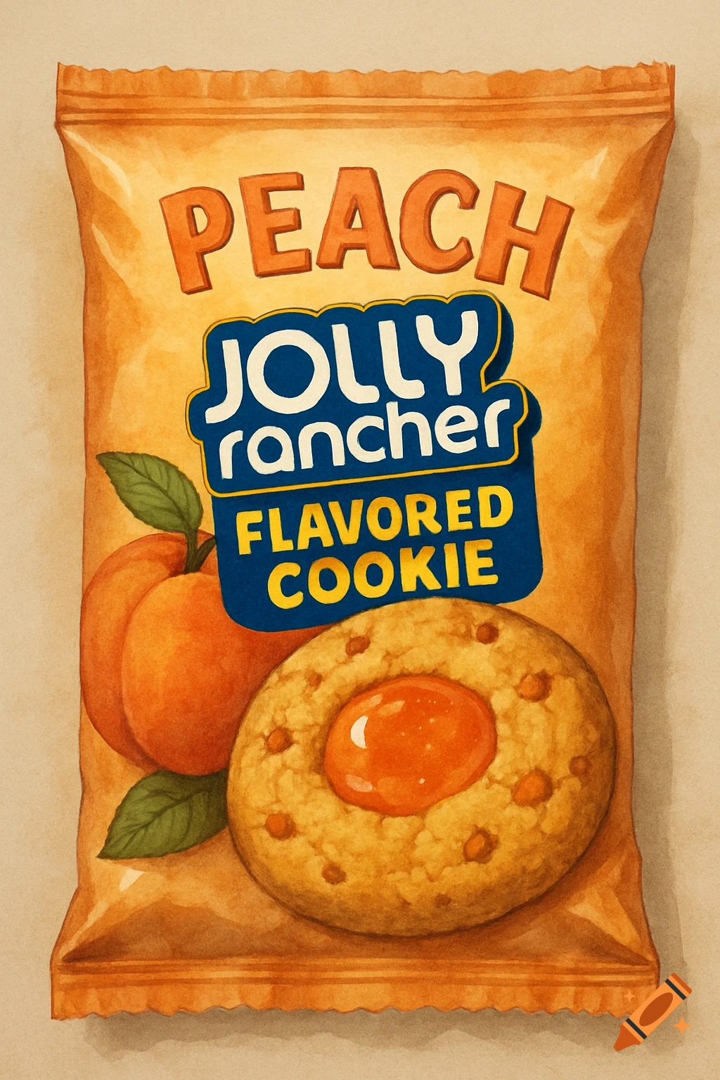Watercolor painting of a package of Peach Jolly Rancher flavored ...