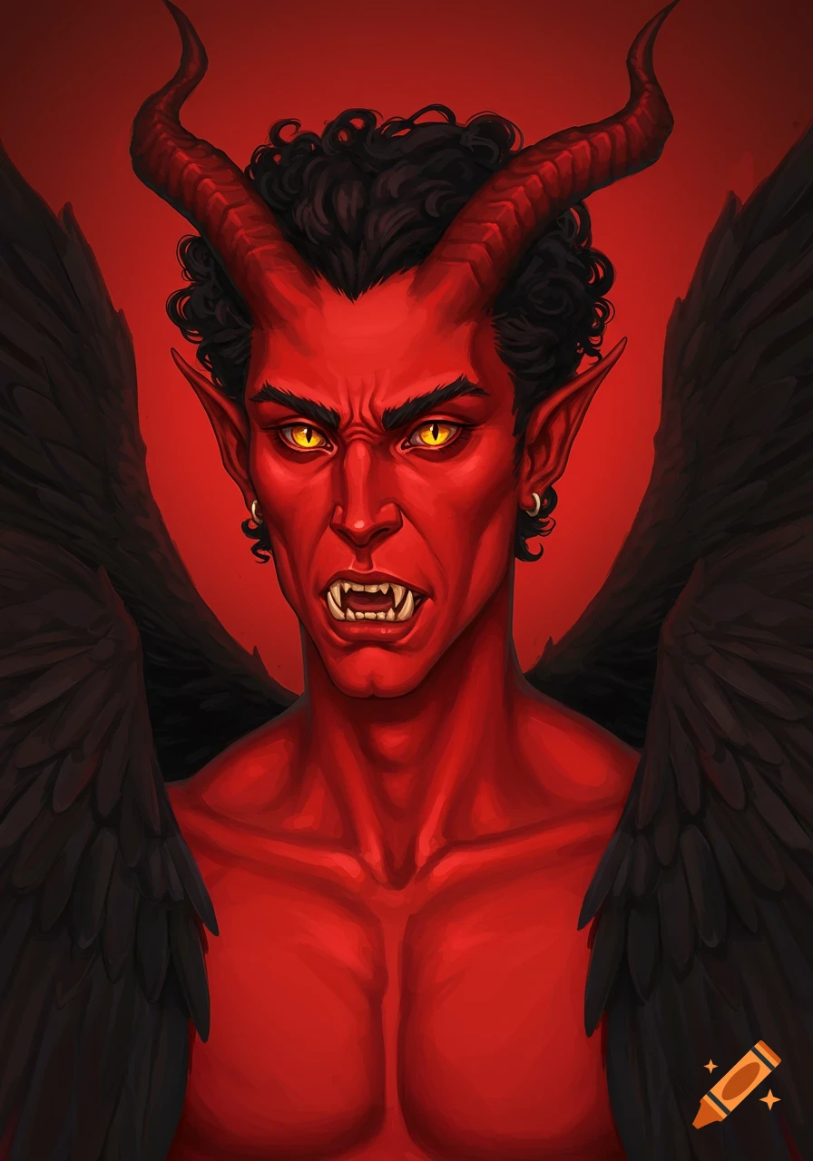 A close-up illustration of a red-skinned horned creature with black ...