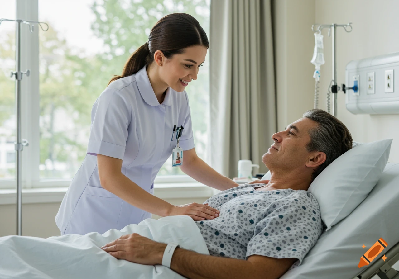 A nurse checks on a male patient in a hospital bed. on Craiyon