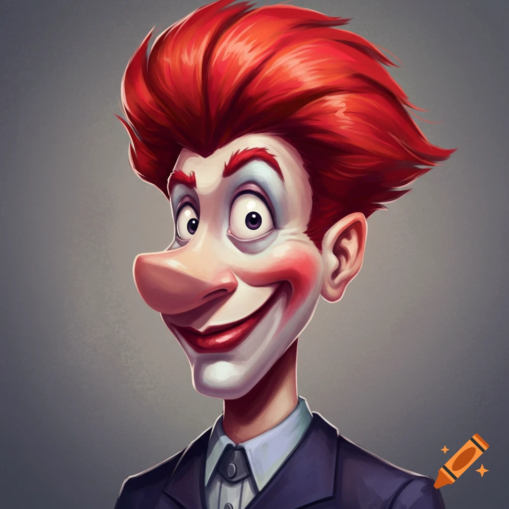 Cartoon caricature of a man with bright red hair, white face makeup ...