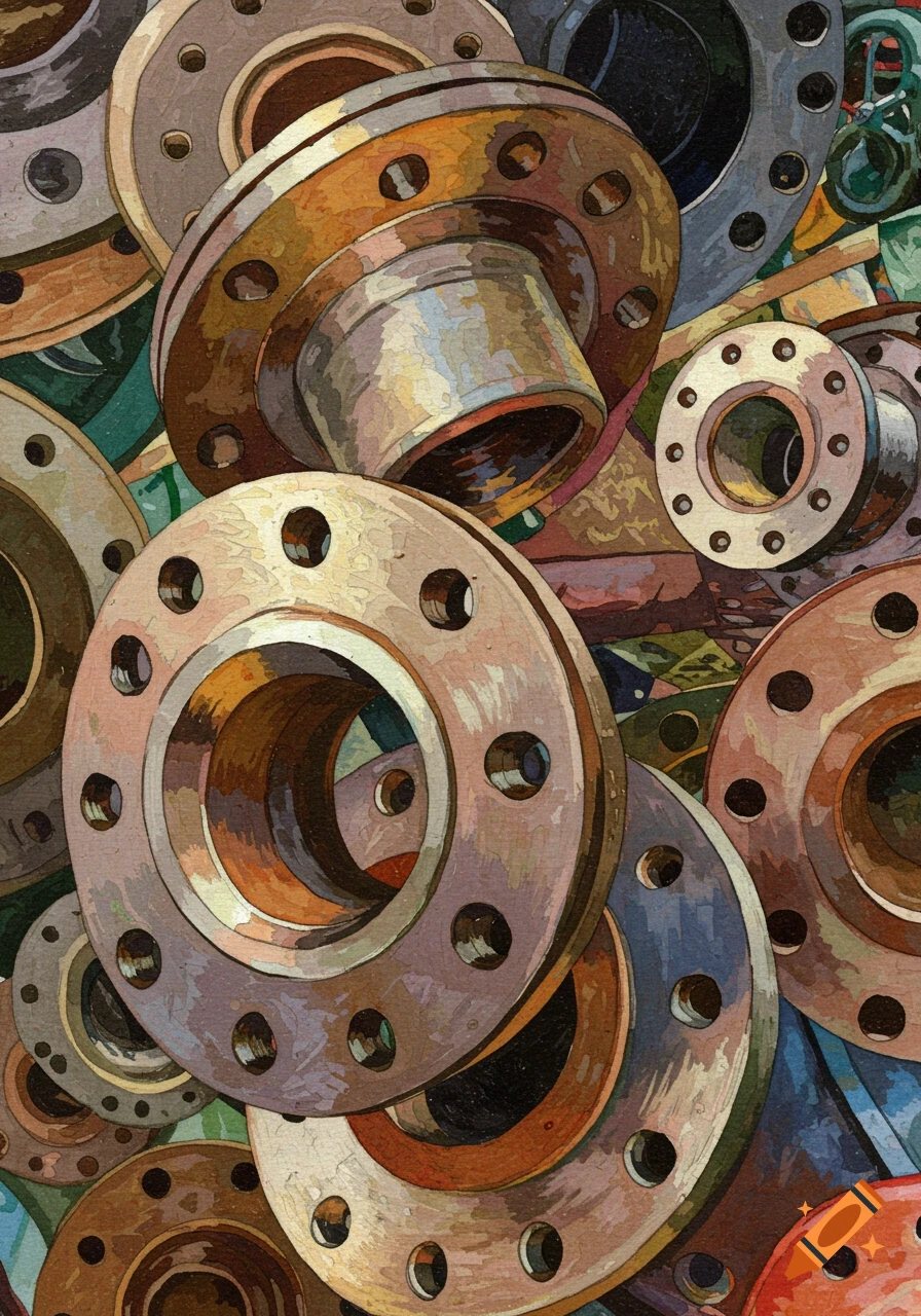 Close-up view of overlapping metal industrial flanges in a painterly ...