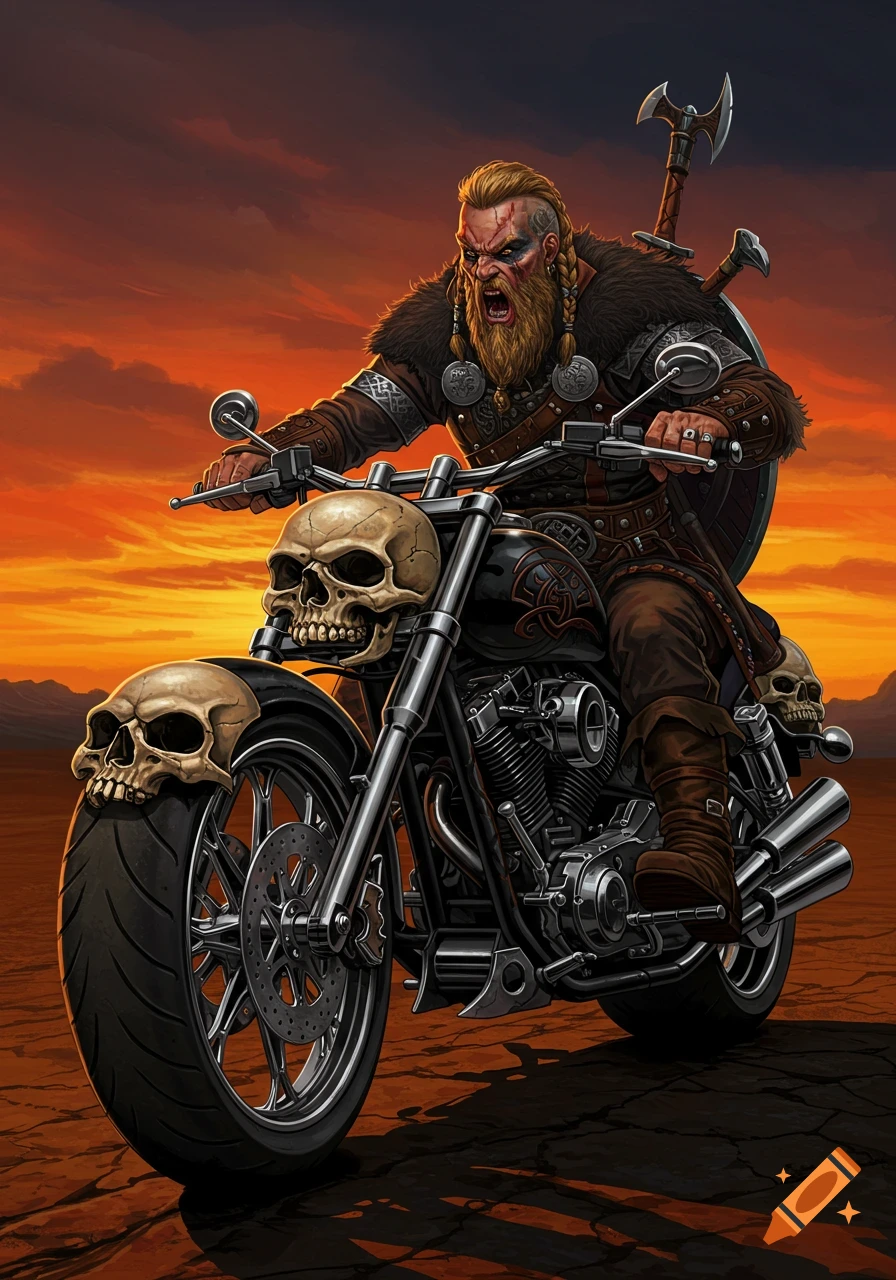 Illustration of a fierce Viking riding a motorbike adorned with skulls ...