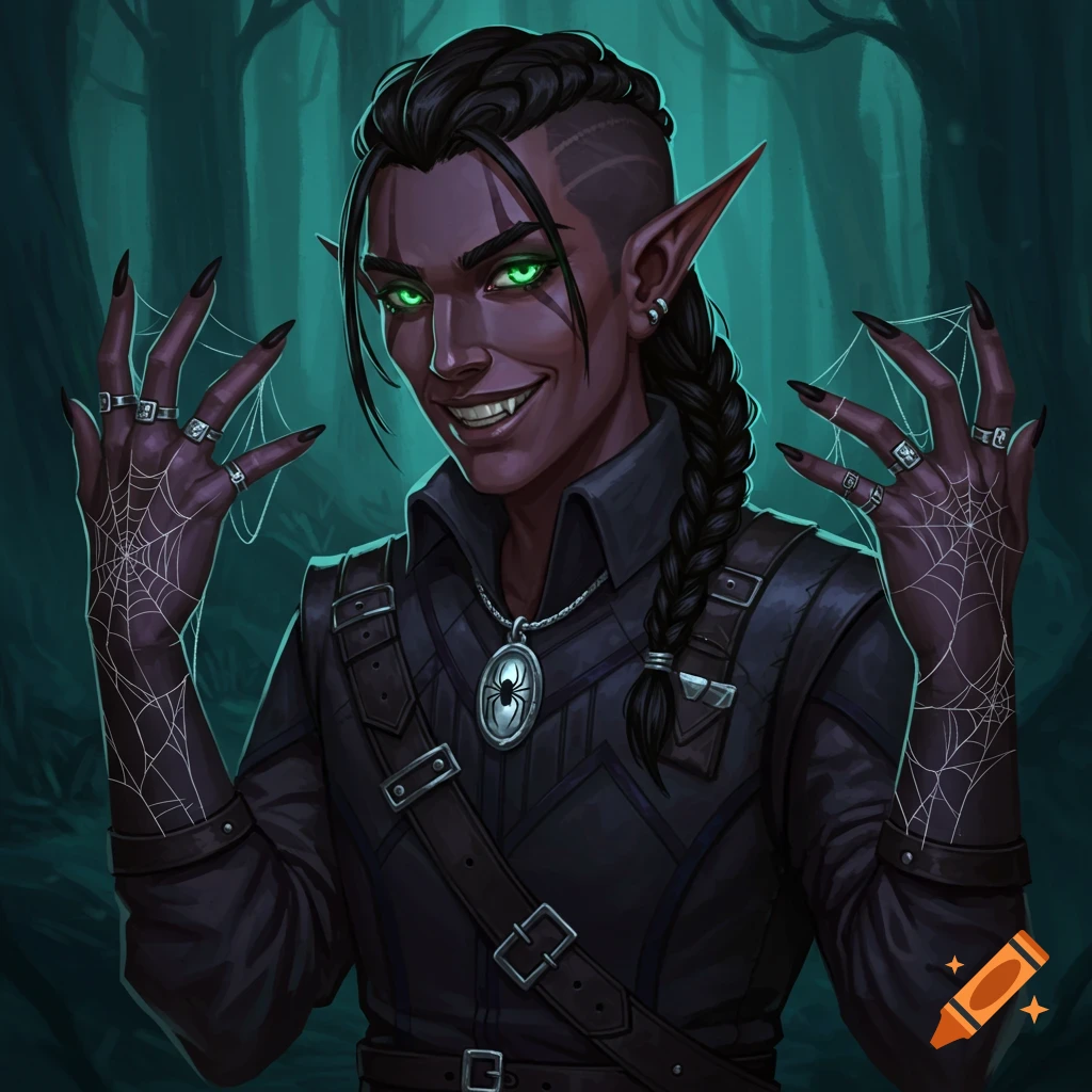 Fantasy portrait of a dark elf character with green eyes and spider ...