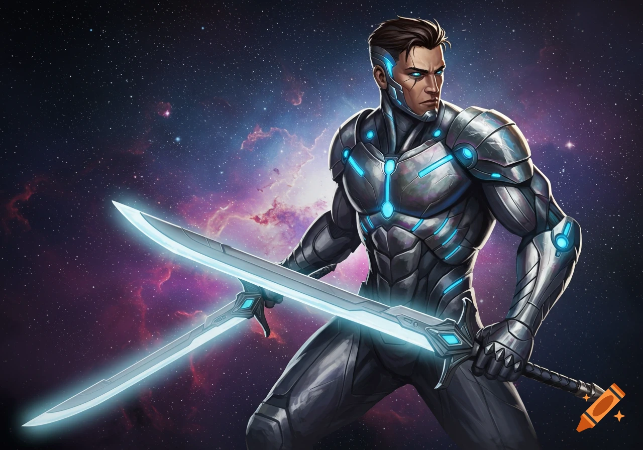 A futuristic swordsman in shining armor holds two glowing swords in ...