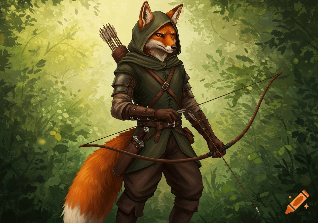 Humanoid fox archer in medieval clothes holding a bow in a forest. on ...